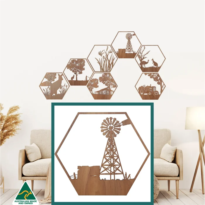 Rustic Windmill: Australian Timber Hexagon Wall Art - Straya Art